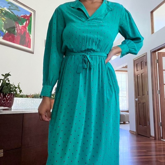 Dresses | Vintage Green Silk Patterned Dress | Poshmark
